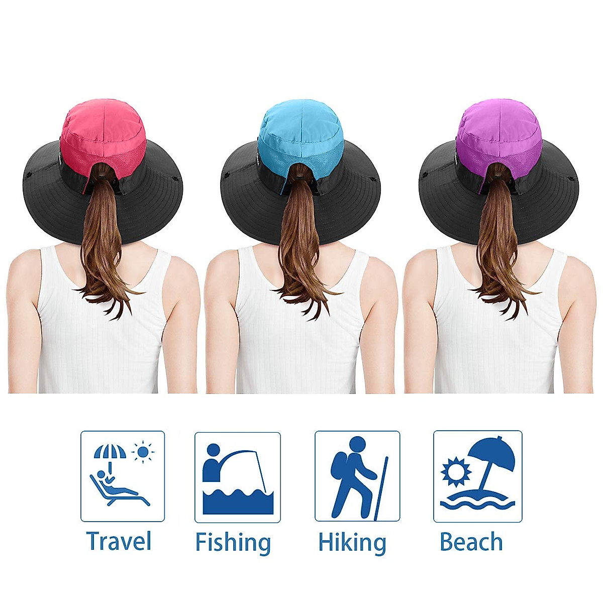 3 Pieces Womens Ponytail Wide Brim Sun Hat Packable UV Protection Beach Cap for Fishing & Hiking (Purple＆Watermelon Red＆Sky Blue)