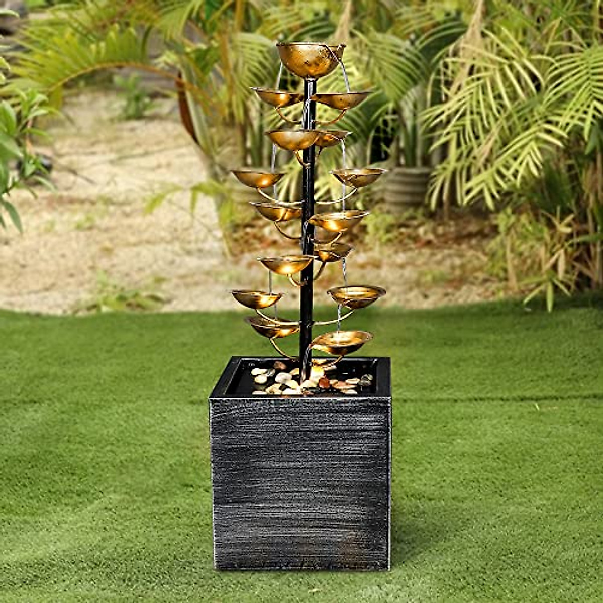 SunJet 31.1inches Modern Metal Water Fountain, Multi-Tier Floor-Standing Water Fountain Cascading Fountain with Lights & Rocks for Indoor/Outdoor Art Decor