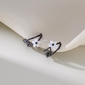 Reffeer Solid 925 Sterling Silver Flower Cuff Clip-On Earrings Cartilage Wraps for Women Teens Helix Ear Cuffs No Piercing (B-Black)