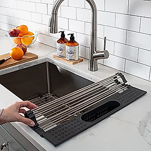 Kitchen Details Over The Sink Drying Rack with Utensil Holder | Roll Up for Storage | Stainless Steel | Drain Tray | BPA Free | Food Safe | Space Saving | Grey