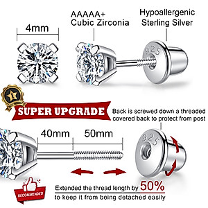 925 Sterling Silver Earrings Stud with Screwback Cubic Zirconia for Women Earring With Screw Backs CZ Hypoallergenic (CZ-White)