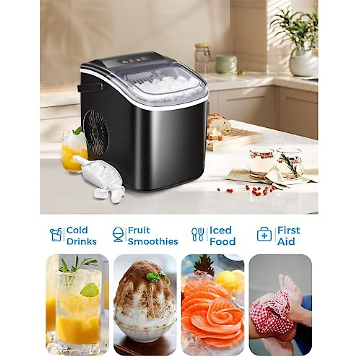 Harigal Countertop Ice Maker Machine with Handle, 26.5lbs in 24Hrs, 9 Ice Cubes Ready in 6 Mins, Smart Self-Cleaning, Portable Ice Makers Countertop for Home/Office/Party/RV(Black)