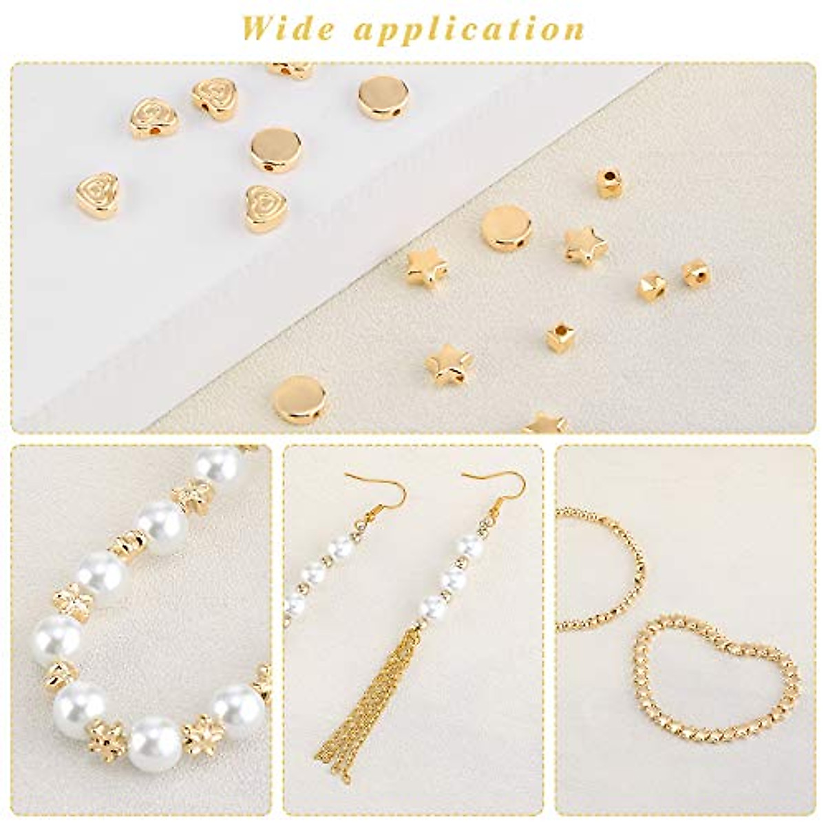 1200 Pieces Spacer Beads Set Star Beads Round Ball Beads Rondelle Faceted Spacer Beads Heart Beads Flower Beads Flat Disc Beads Loose Beads for Bracelet Earring Necklace Jewelry Making (Gold)