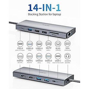 Docking Station 3 Monitors for Windows Laptop, USB C Docking Station with Dual HDMI 4K 60Hz, 1 VGA, 5 USB-A, 100W PD, Ethernet, Mic/Audio, SD/TF, USB Hub for Laptop for Dell XPS/HP/Lenovo/Surface