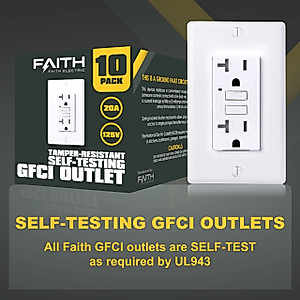 Faith 20A GFCI Outlet, Tamper-Resistant GFI Duplex Receptacle with LED Indicator, Self-Test Ground Fault Circuit Interrupter with Wall Plate, ETL Listed, White
