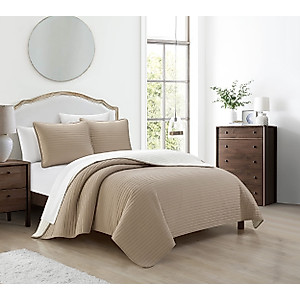 Chic Home St Paul 3 Piece Quilt Set Contemporary Striped Design Sherpa Lined Bedding - Pillow Shams Included, King, Taupe