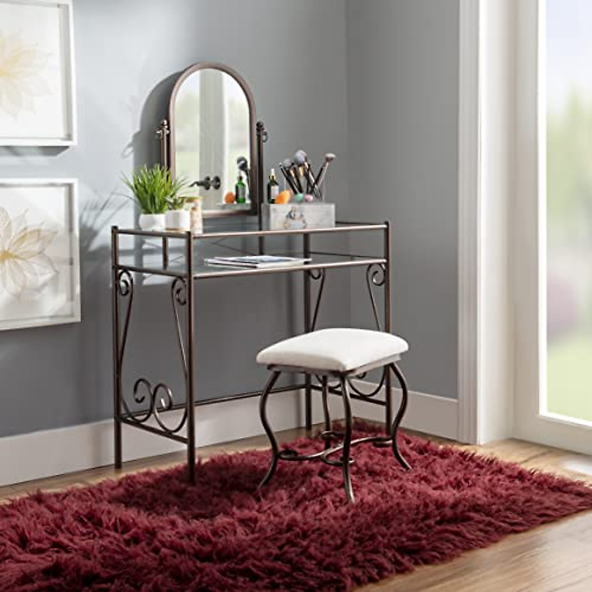 Linon Dark Metal Set Table with Upholstered Stool Clarisse Vanity, 52.4" x 31.8" x 18.3"