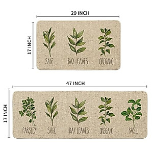 Artoid Mode Parsley Sage Oregano Basil Bay Leaves Decorative Kitchen Mats Set of 2, Seasonal Holiday Party Low-Profile Floor Mat for Home Kitchen - 17x29 and 17x47 Inch