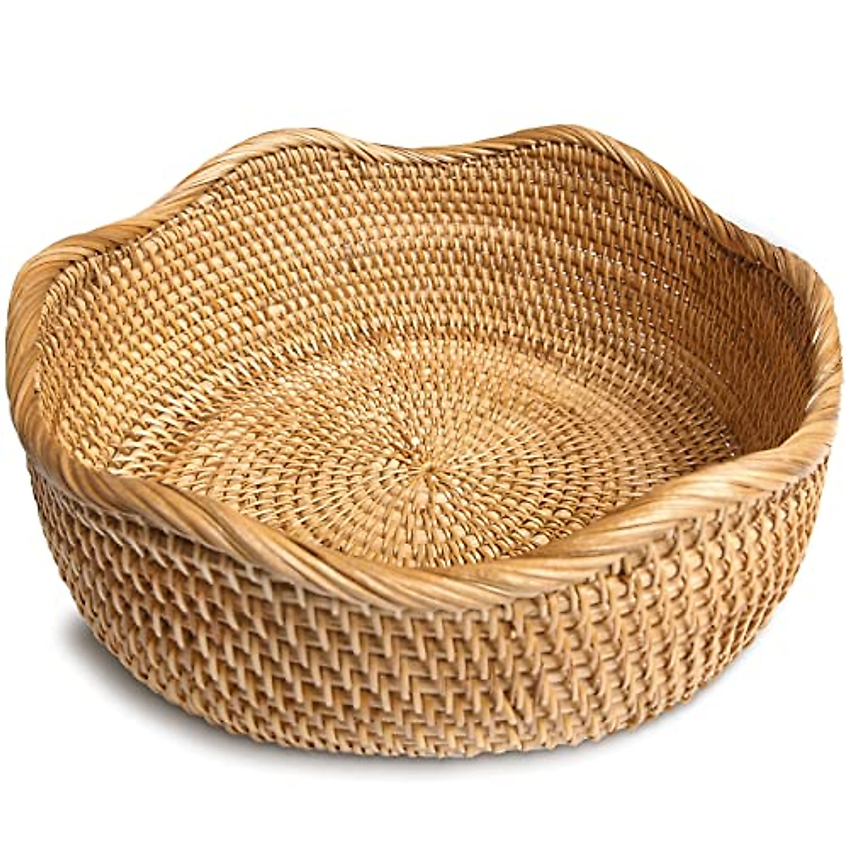 HITOMEN Handmade Rattan Bread Baskets Round Wicker Fruit Serving Storage Bowls, Natural Woven Decorative Kitchen Counter Organizing (Honey Brown) L-11.5''