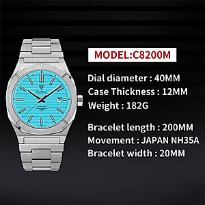 CADISEN Design Men Watches Mechanical Automatic Watch 100M Waterproof Brand Luxury Wristwatch (Light Blue)