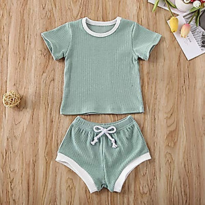Newborn Infant Baby Girl Boy Clothes Short Sleeve Tops T-Shirt+Shorts Pants Solid Color Two Piece Outfits Set (Light Green, 0-6M)