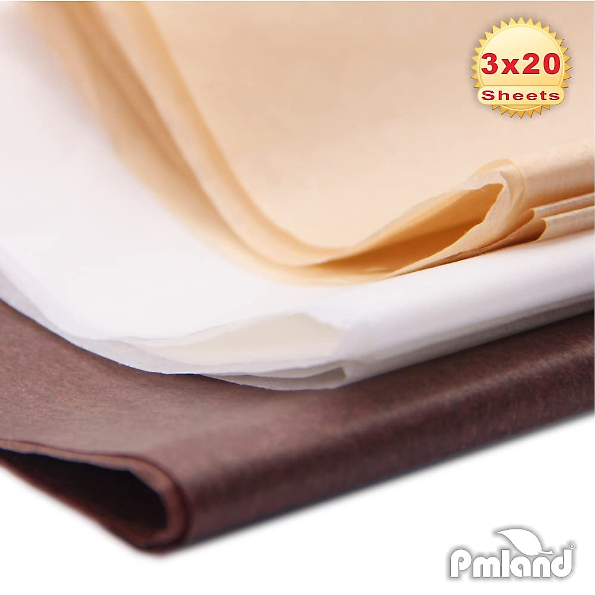 PMLAND Gift Wrapping Tissue Paper - Brown/Light Brown/White Assorted - 20 Inches x 26 Inches 60 Sheets