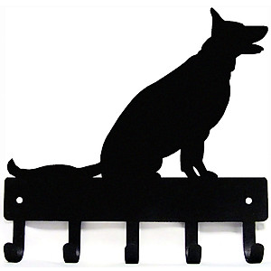 The Metal Peddler German Shepherd Sitting - Key Holder for Wall - Small 6 inch Wide with 5 Hooks - Made in USA
