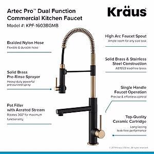 Kraus KPF-1603BGMB Artec Pro 2-Function Commercial Style Pre-Rinse Kitchen Faucet with Pull-Down Spring Spout and Pot Filler, Brushed Gold/Matte Black