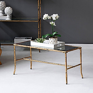 A and B Home 36" L Rectangle Indoor Elegant Coffee Table, w/Glass Top, Antique Gold Metal Frame, Padded Feet