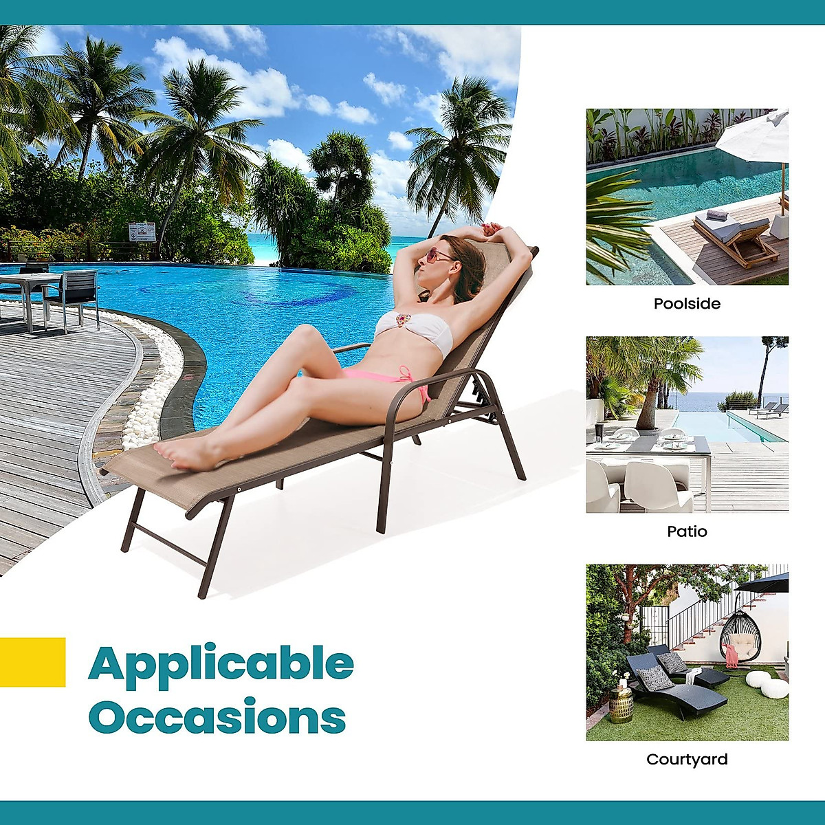 Pellebant Aluminum Pool Lounge Chairs Set of 2, Patio Chaise Lounge with Adjustable Backrest & Armrest, Heavy Duty Pool Lounge Chairs for Outside, Lawn, Yard, Patio, Pool(2pcs,Brown)