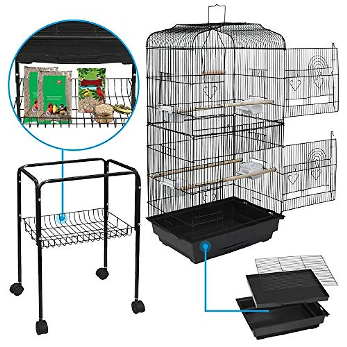 59'' Rolling Bird Cage Parakeet Finch Budgie Conure Lovebird House with Stand
