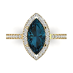 Clara Pucci 2.32ct Marquise Cut Solitaire Halo Natural Royal Blue Topaz Designer Wedding Bridal art deco Anniversary Ring 14k Yellow Gold