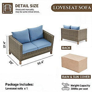 Outdoor PE Wicker Loveseat Sofa, All Weather 2 Seater Small Patio Sofa with Anti-Slip Cushions, Rattan Loveseat Couch Outdoor Furniture for Backyard, Garden, Porch, Blue