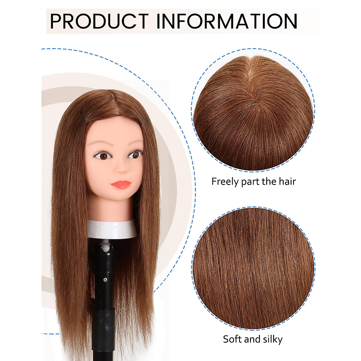 Mannequin Head with Hair 20-22" - Cosmetology Mannequin Head to Practice Hair Styles - 100% Human Hair Cosmetology Supplies - Hair Practicing and Cutting Manikin Head with Clamp & Hairdressing Tools