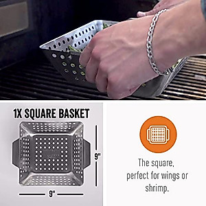 Yukon Glory Grill Basket 3-Piece Mini Grilling Basket Set - Stainless Steel Perforated Grill Baskets for Grilling Veggies Seafood and Meats Includes Grill Pan - Square Basket and Circular Basket