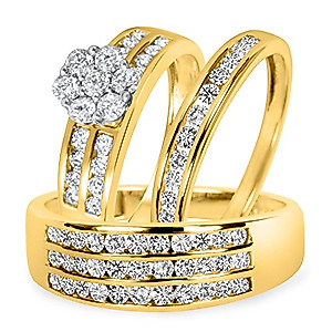 jsjewels 1 1/2 CT. T.W. Diamond Engagement Ring Wedding Trio Set in Solid 14K Yellow Gold Over