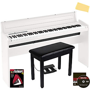 Korg LP-180 Digital Piano - White Bundle with Furniture Bench, Instructional Book, Austin Bazaar Instructional DVD, and Polishing Cloth