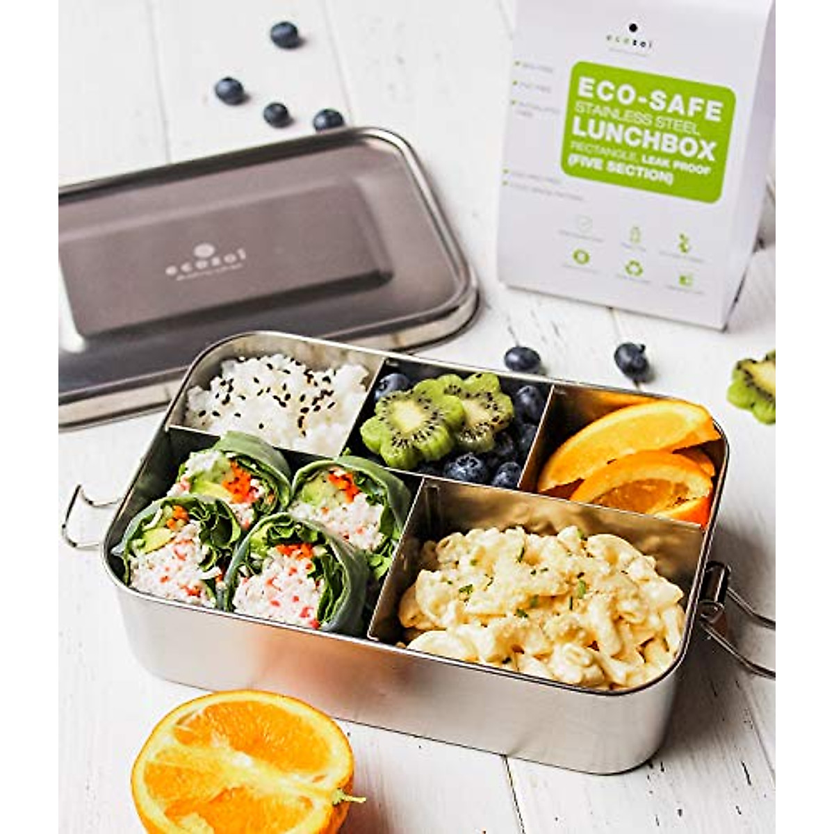 ecozoi Stainless Steel Lunch Box, 1-Tier Metal Bento Box Leak Proof with 5 Compartments, 50 Oz Metal Lunch Container, Meal Prep Food Container, with 50 ml Sauce Container