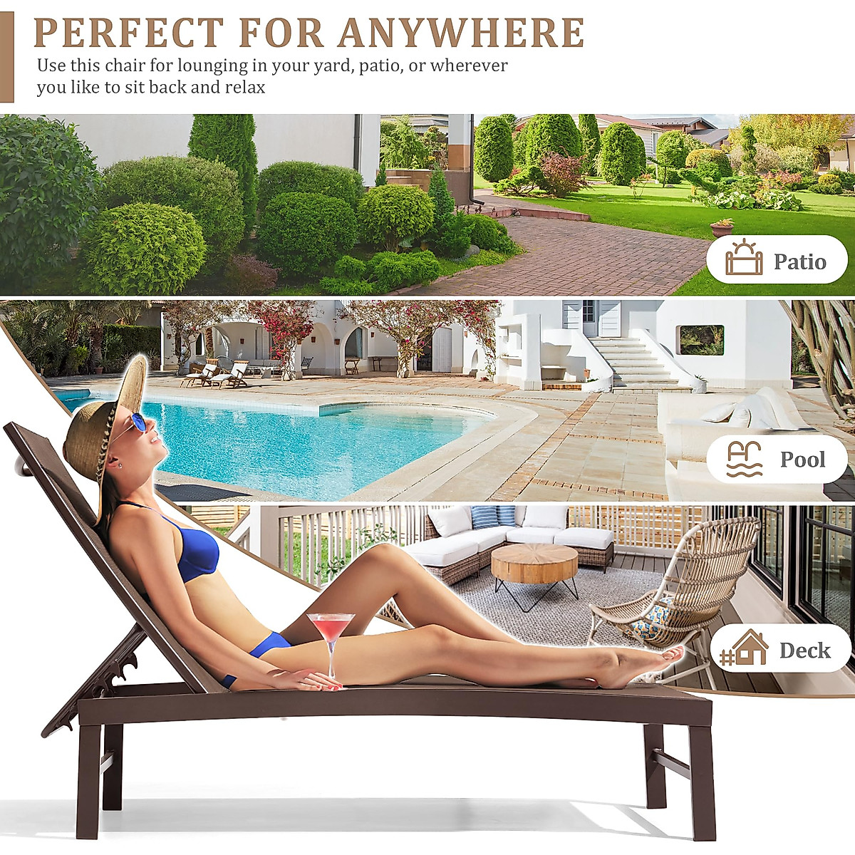 VredHom Patio Aluminum Chaise Lounge Chair, Set of 2 Outdoor Recliner Lounge Chair Sun Loungers, All Weather Chaise with 5 Adjustable Backrest and Lay Flat Positions for Garden, Balcony, Pool