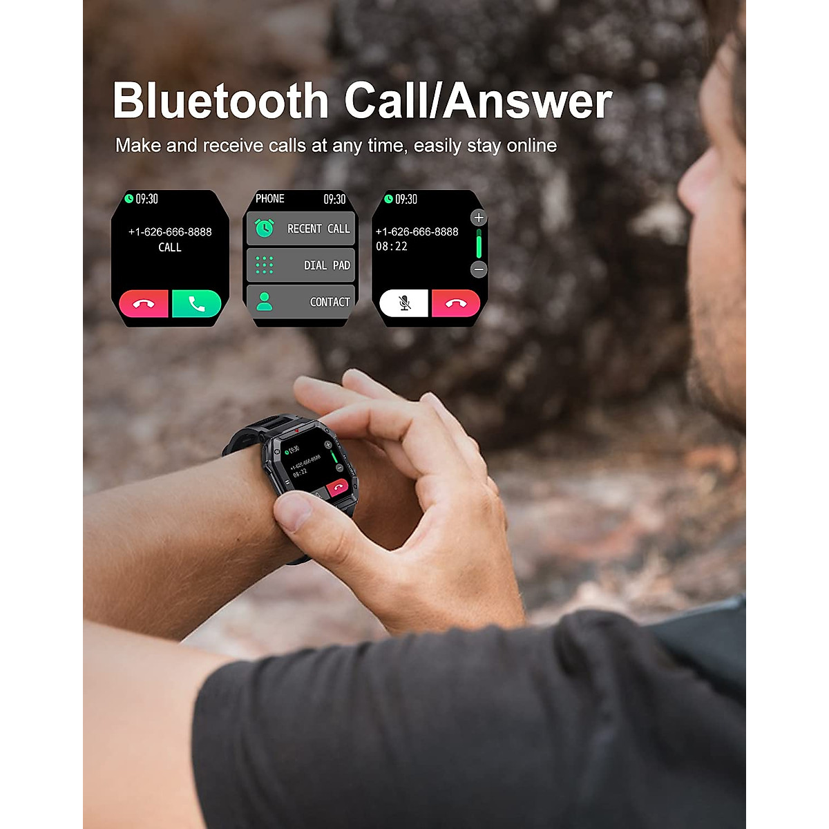 Smart Watches for Men, 1.85 Inch Android iOS Military Smart Watch, Smartwatch with Blood Pressure/Heart Rate/Blood Oxygen Monitor/24 Sports, IP67 Waterproof Tactical Sport Fitness Tracker, 350mAH