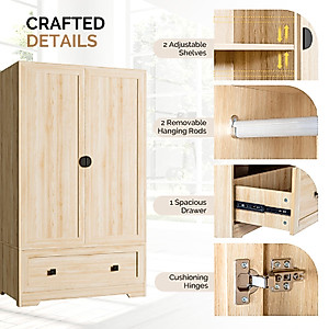 VINGLI Wardrobe Closet, Armoires and Wardrobes with Doors,Hanging Rod, Shelves and Drawer, Freestanding Closet Wardrobe Cabinet, Oak Armoire Wardrobe for Bedroom, Dorm, 38" W x 21" D x 65" H