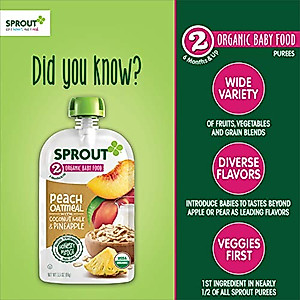 Sprout Organic Stage 2 Baby Food Pouches, Peach Oatmeal w/ Coconut Milk & Pineapple, 3.5 Ounce (Pack of 6)