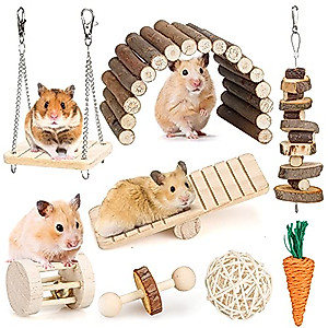 BBjinronjy Hamster Chew Toys Set Small Animal Molar Toys Teeth Care Wooden Accessories for Guinea Pigs,Chinchillas,Gerbils,Mice,Rats,Mouse Rodents Toy Swing Seesaw Bridge (Wood)