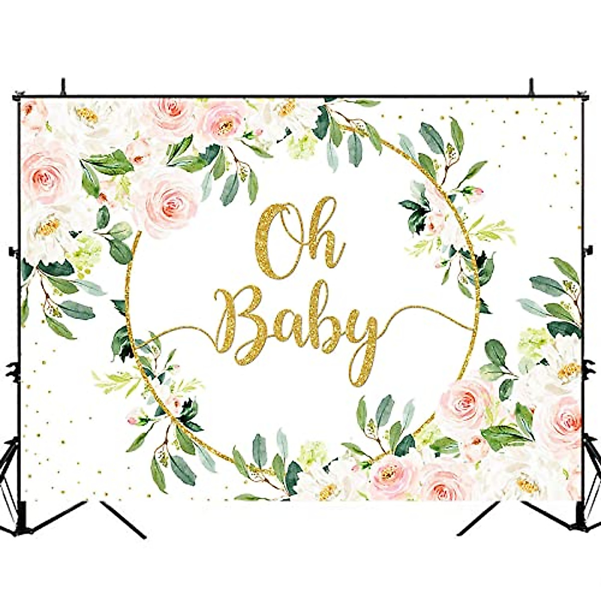 Avezano Oh Baby Shower Backdrop Pink Flower Baby Shower Gold Dots Background Girls Blush Floral Baby Shower Party Decorations Photo Shoot Props (7x5)
