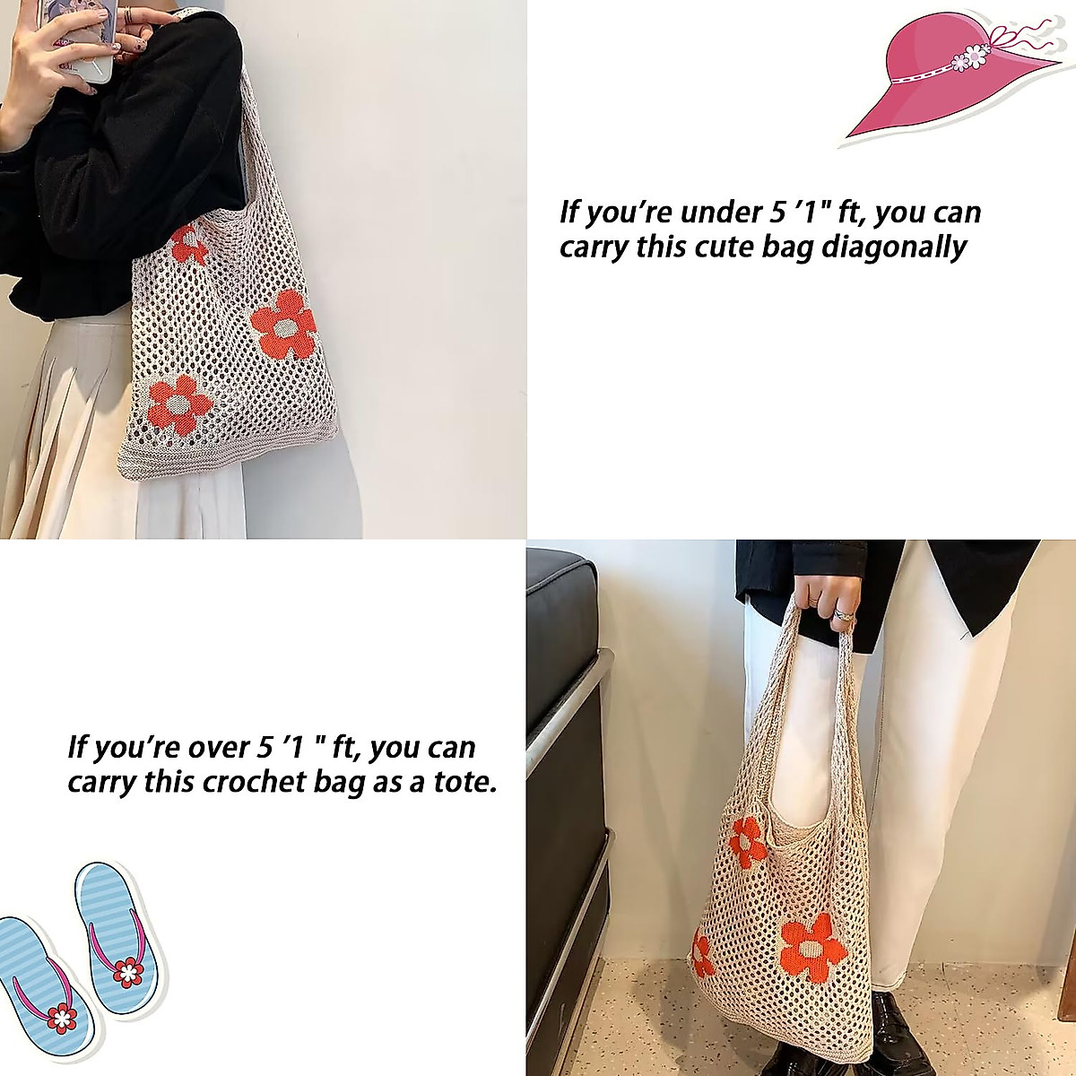 Arcimatto Crochet Tote Bag, Women Summer Aesthetic Mesh Beach Bags, Girls Hobo Bags Y2k Purse Fairy Grunge Accessories (Beige Flower)