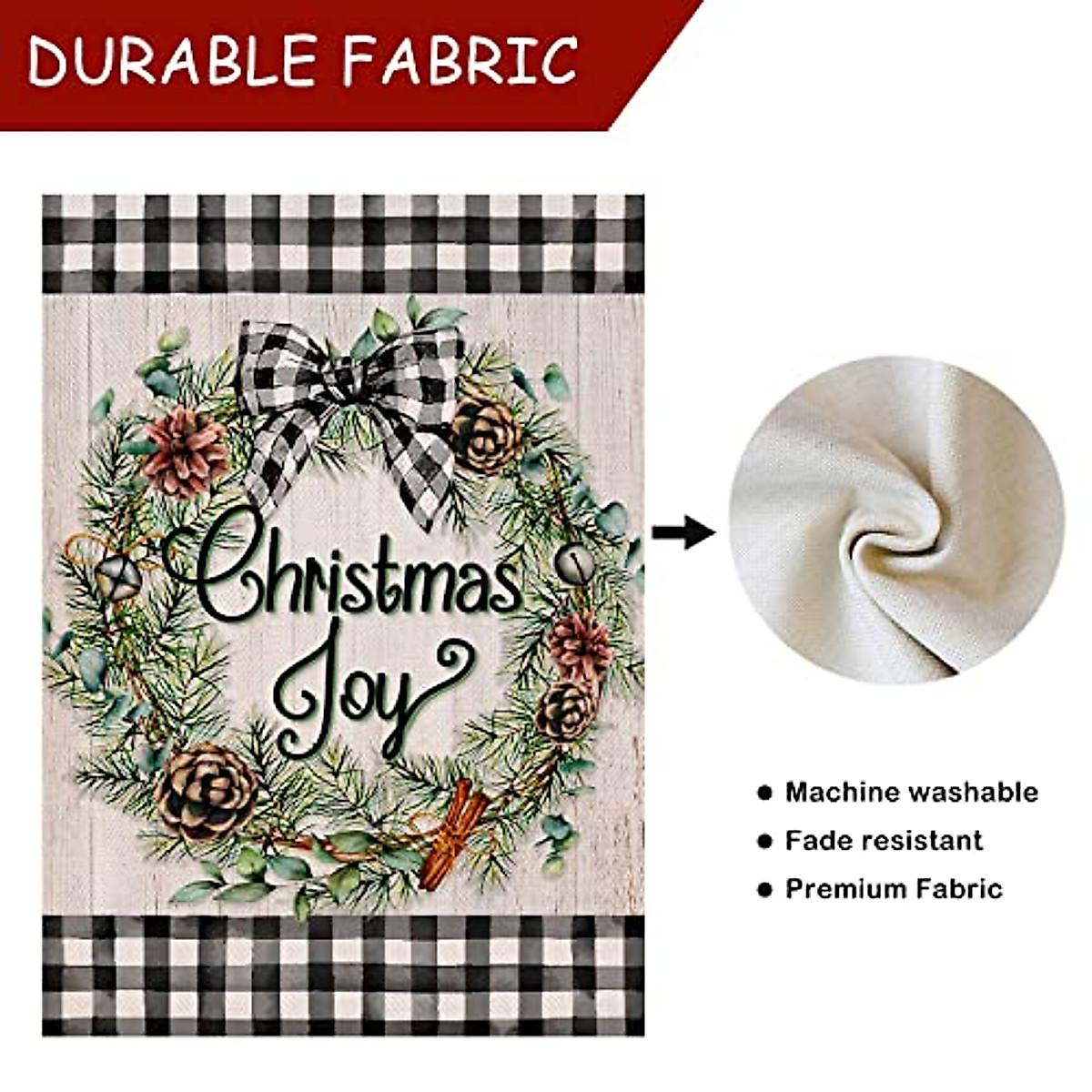 Selmad Christmas Joy Wreath Decorative Burlap Garden Flag, Xmas Buffalo Plaid Check Farmhouse Home Yard Small Outdoor Decor, Winter Pine Cone Outside Decoration Double Sided 12 x 18