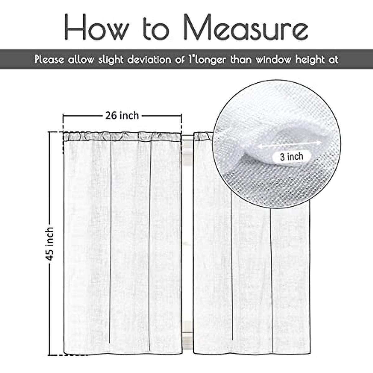 Home Queen White Sheer Burlap Linen Cafe Curtains, Semi Sheer Drapes for Kitchen Window Over Sink, 45 Inch Length 2 Pack