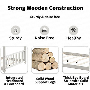 Pipleo Full Size Floor Bed, Wood House Bed with Headboard and Footboard, Montessori Wood Bed, Playhouse Toddler Floor Bed Frame for Boys, Girls, No Box Spring Needed (White, Full Size)