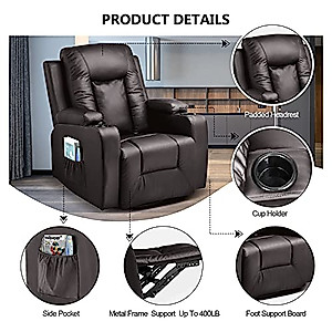 COMHOMA PU Leather Recliner Chair Modern Rocker with Heated Massage Ergonomic Lounge 360 Degree Swivel Single Sofa Seat with Drink Holders Living Room Chair (Brown)