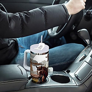 Jihqo Western Cowboy Dessert 40 oz Stainless Steel Vacuum Insulated Tumbler with Handle and Straw Lid, Leakproof Water Bottle Double Wall Travel Mug Coffee Cup, Cupholder Friendly