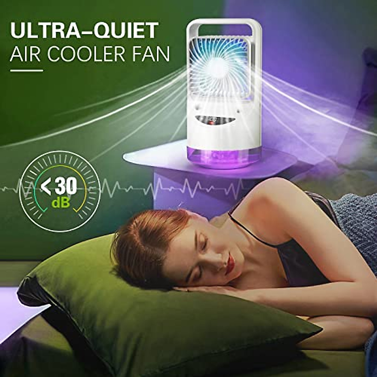 HeaBoom 90° Auto Oscillation Portable Air Conditioner, 4000mAh Rechargeable Evaporative Cooler Humidifier, Mini Conditioner with 7 Color Lights, Aroma Discs, Desk Cooling Fan, White