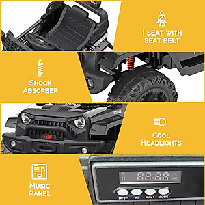 Ride on Truck Car 12V Kids Electric Vehicles with Remote Control Spring Suspension, LED Lights, Bluetooth, 2 Speeds