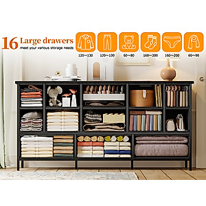 Fixwal 63.3 Inch Large Black Dresser for Bedroom, 16 Drawer Dresser, Long TV Stand for 55, 65, 70 Inch TV with Power Outlets, Fabric Chest of Drawers for Bedroom, Living Room, Entryway, Black