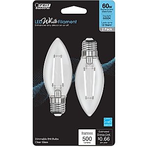 Feit B10 E26 (Medium) Filament LED Bulb Daylight 60 Watt Equivalence 2 pk