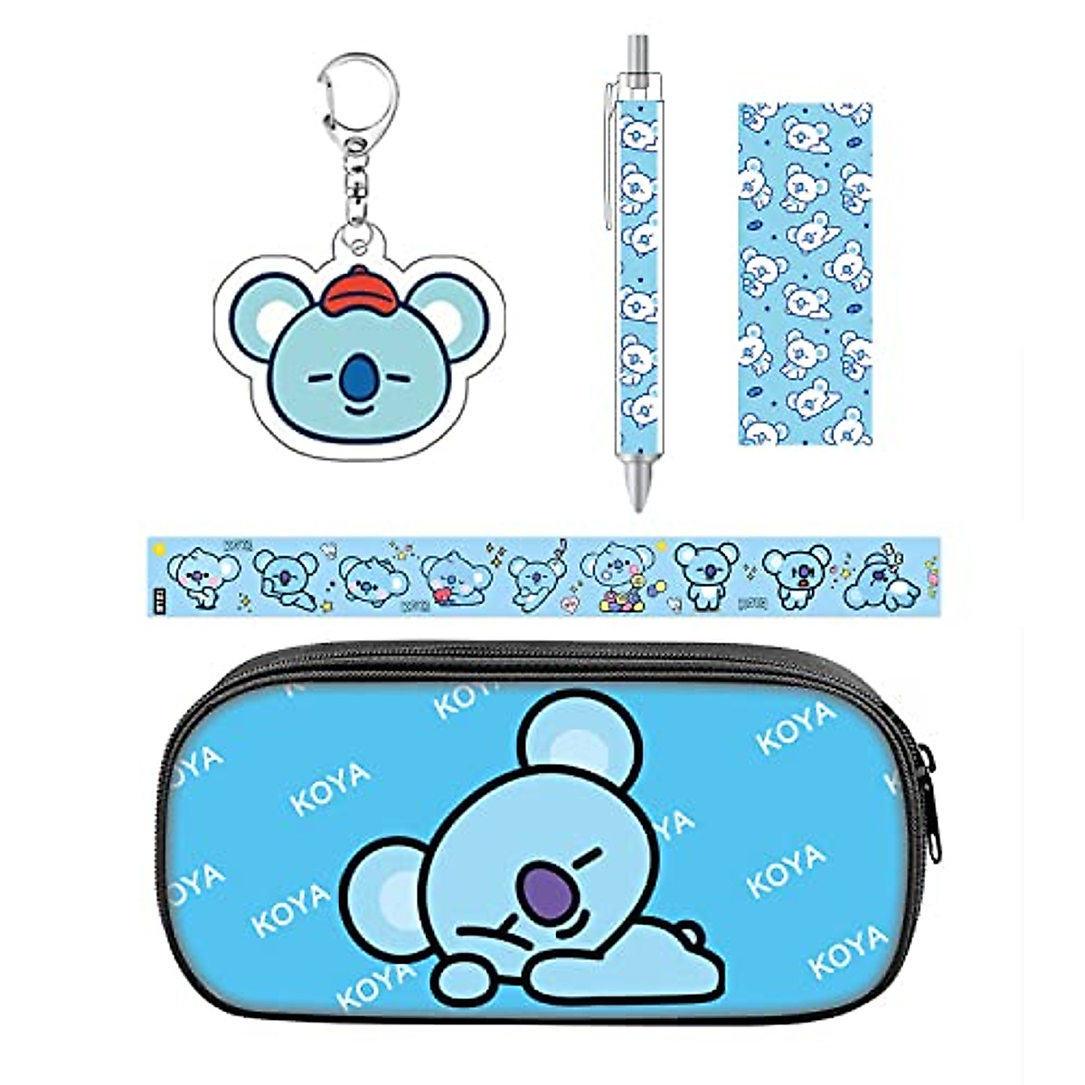 G-Ahora Kpop Bangtan Boys Pencil Cases Large Capacity Pouch Bag with Keychain Pens Washi Tape Army Cartoon School Supplies for Students(PC-KOYA)