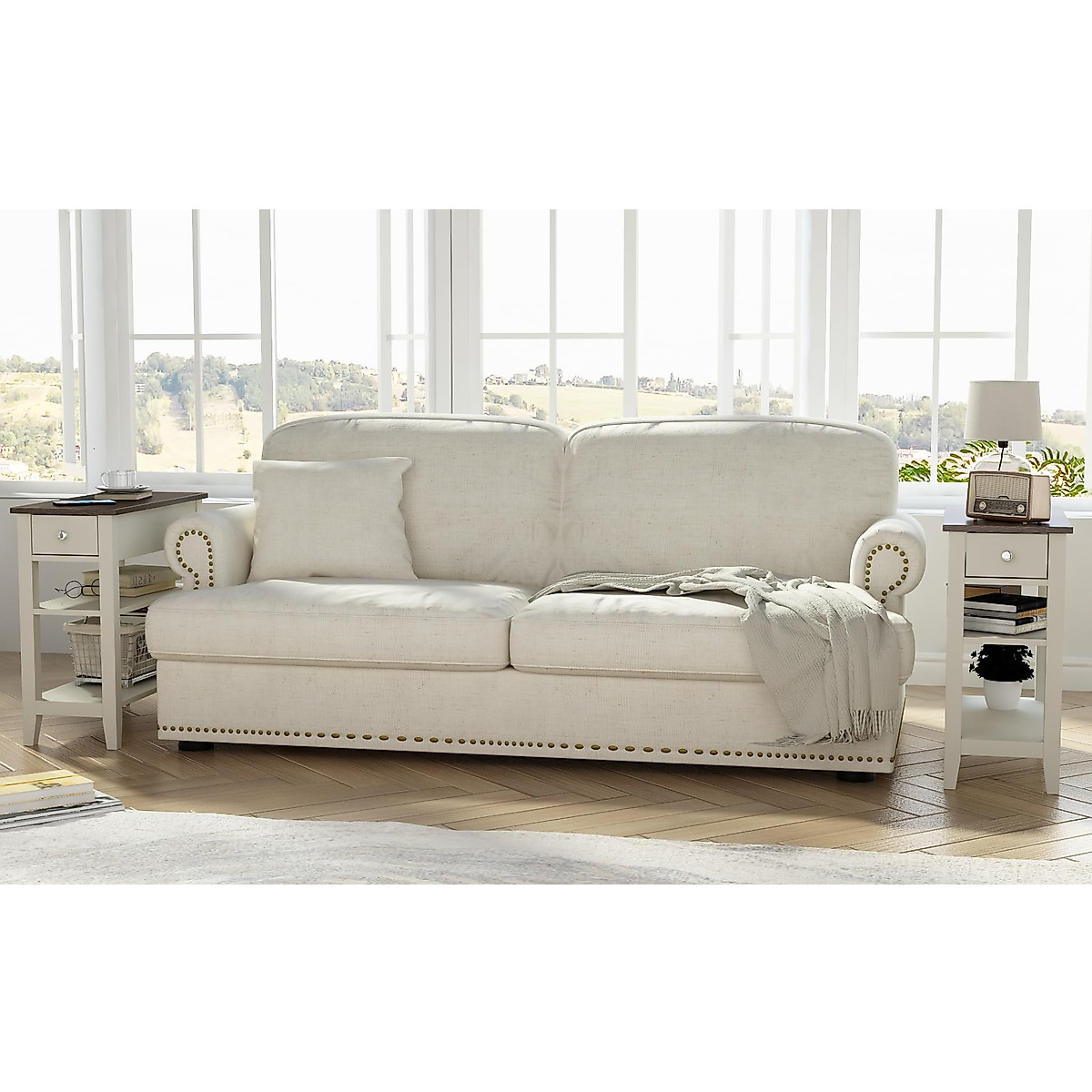 ChooChoo Side Table Living Room Set of 2, Narrow End Table with Drawer and Shelf, 3-Tier Sofa End Table for Small Space, White and Brown