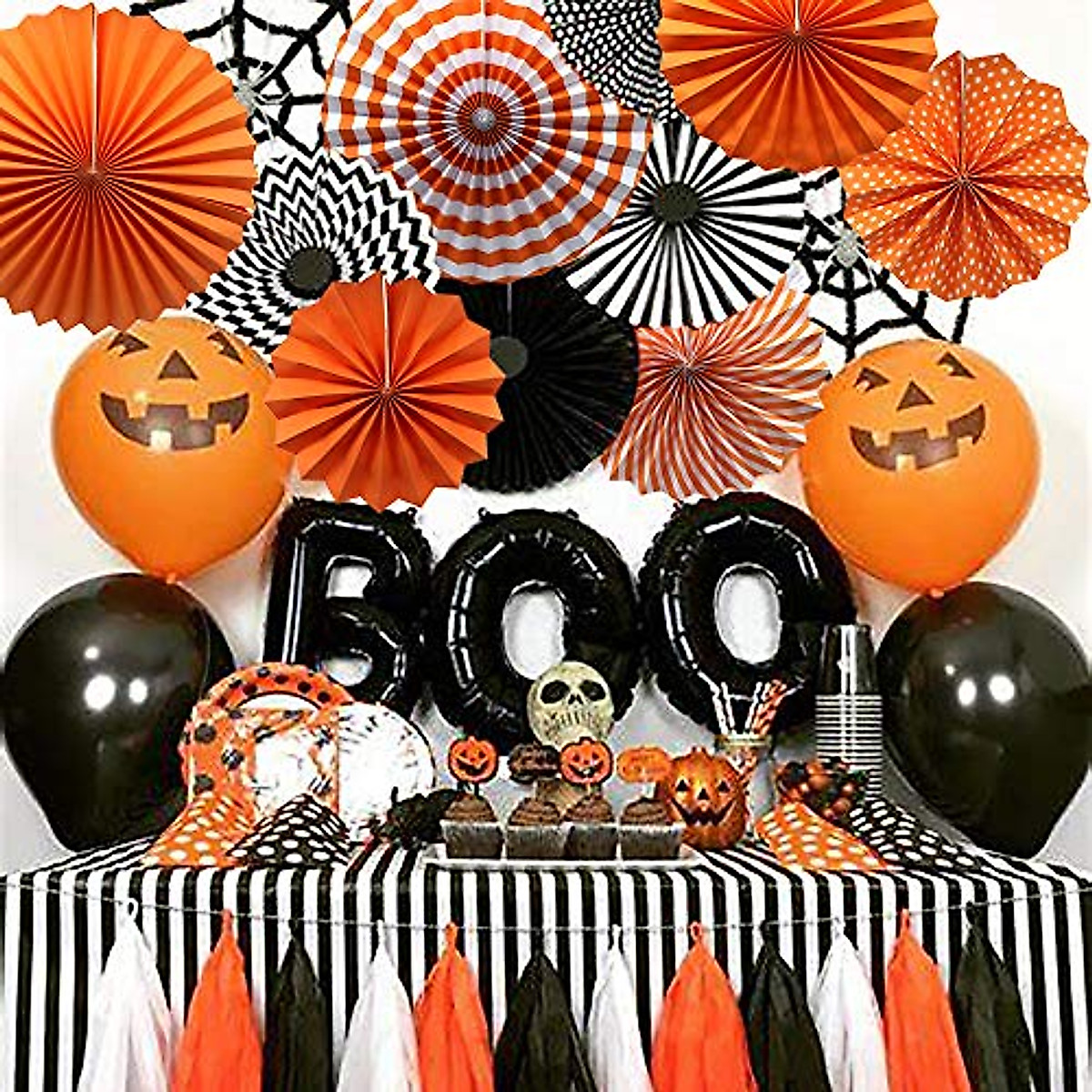 Party Hanging Paper Fans Set, Orange Round Pattern Paper Garlands Decoration for Birthday Wedding Graduation Events Accessories, Set of 6