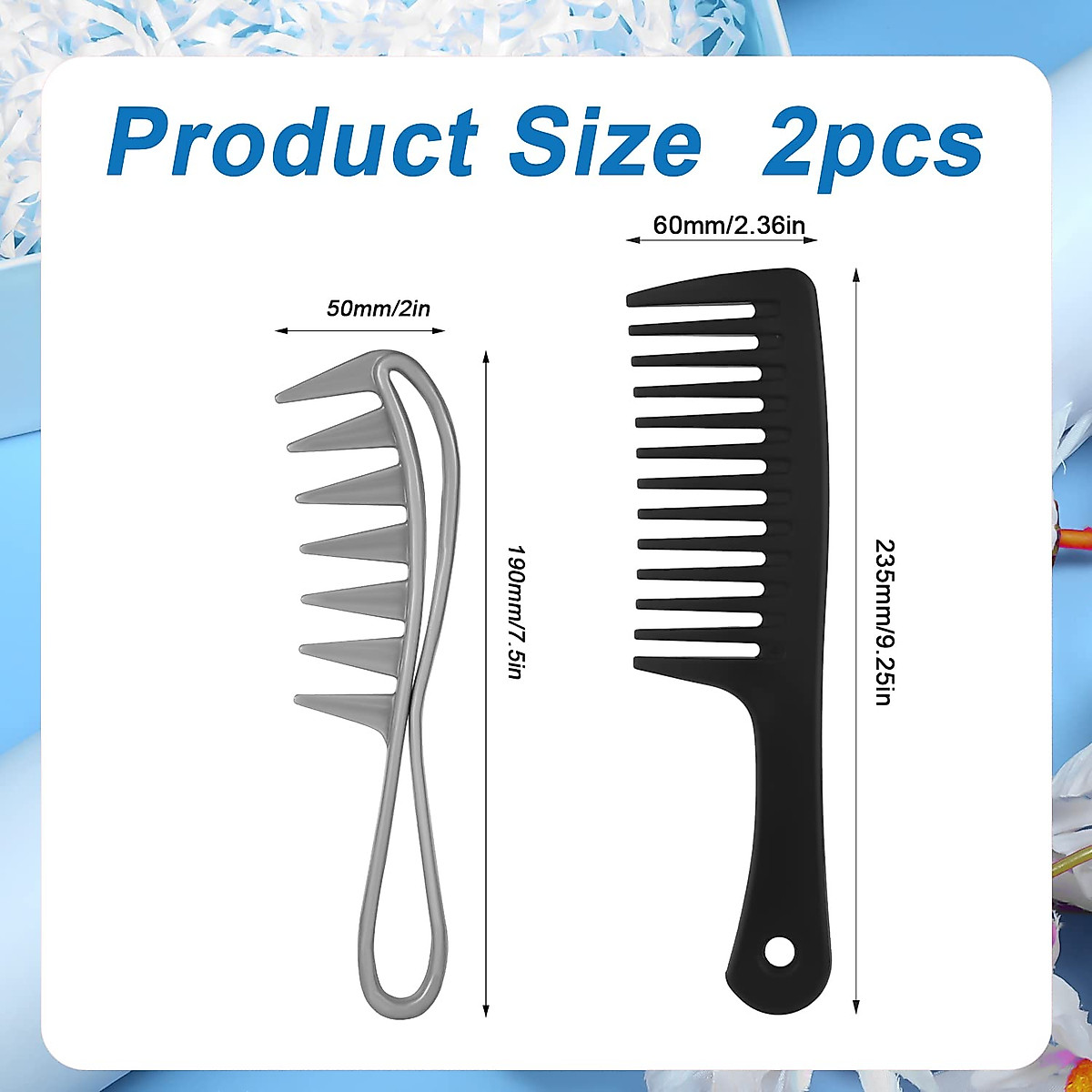 2Pcs Wide Tooth Comb for Curly Hair, Large Shark Teeth Comb Detangler for Brushing Out Curls Plastic Hairstyle Tool for Wet Wavy Thick Hair Wigs Barber Salon, Women Men (1 Black, 1 Silver)