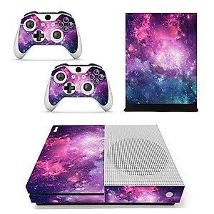 FOTTCZ Vinyl Skin for Xbox One Slim Console & Controllers Only, Sticker Decorate and Protect Equipment Surface, Purple Cyan Nebula