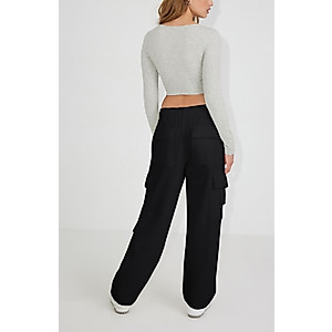 Waitfairy Womens Cargo Sweatpants Casual Baggy High Waisted Joggers Pants Fleece Sweat Pants with Pocket Black M